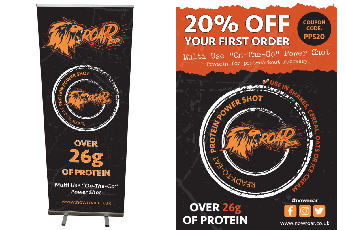 Roar Protein Power 6ft Banner and A5 Flyer – Sara Tyler Reese Portfolio